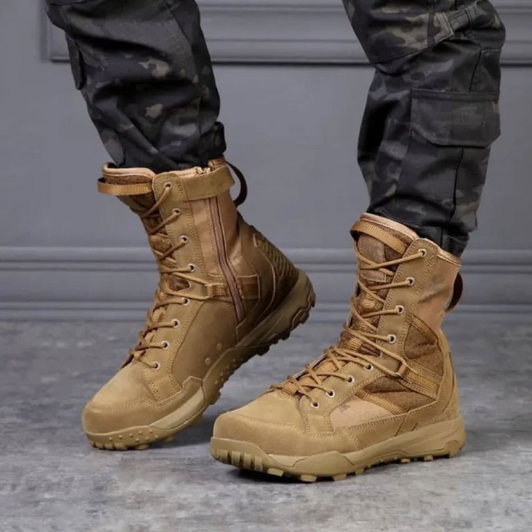 Coyote Brown Lace Up Combat Boots With Mesh